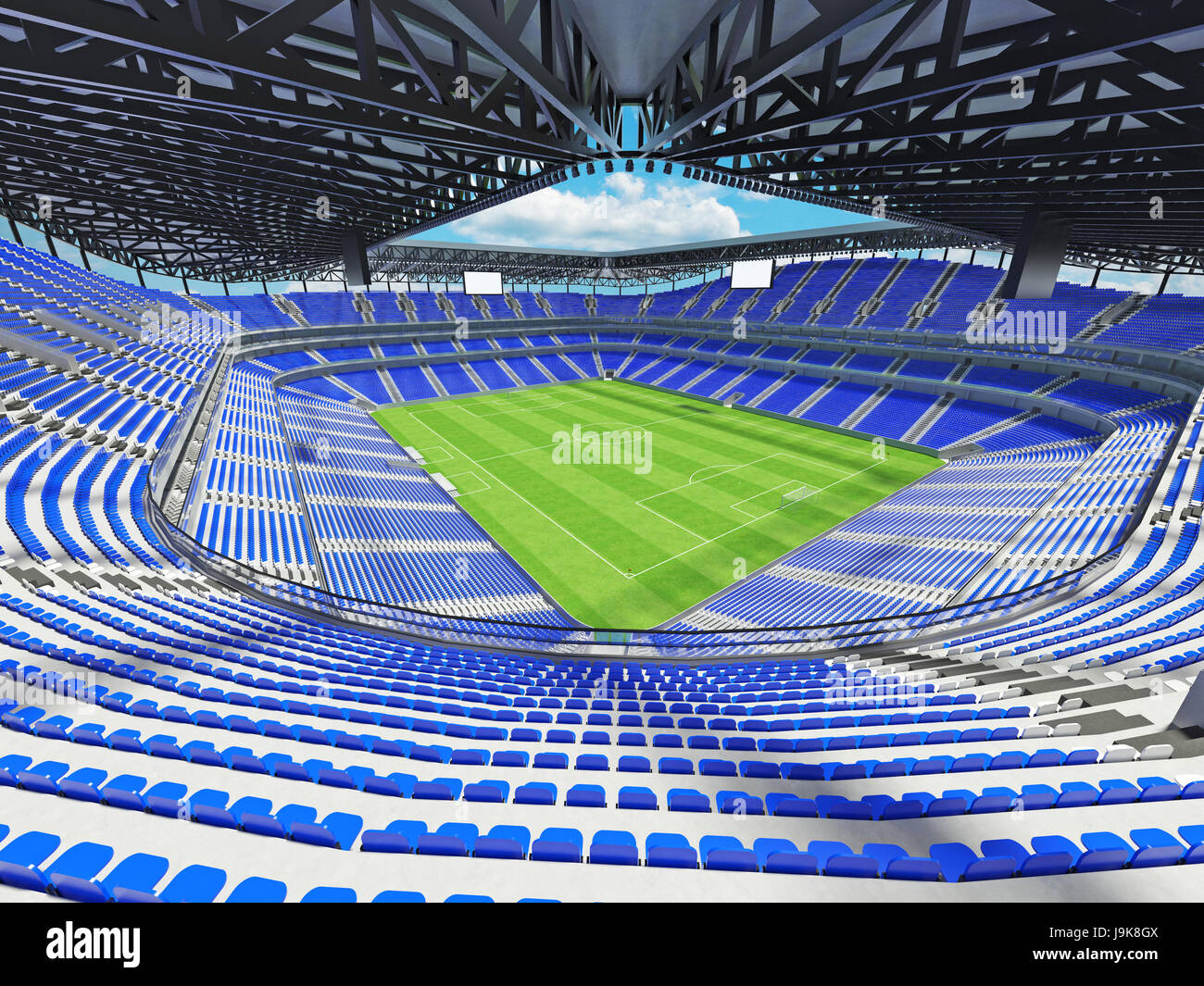 3d render of beautiful modern football stadium with blue seats and vip ...