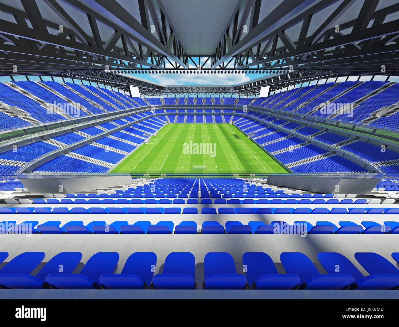 3d render of beautiful modern football stadium with blue seats and vip ...