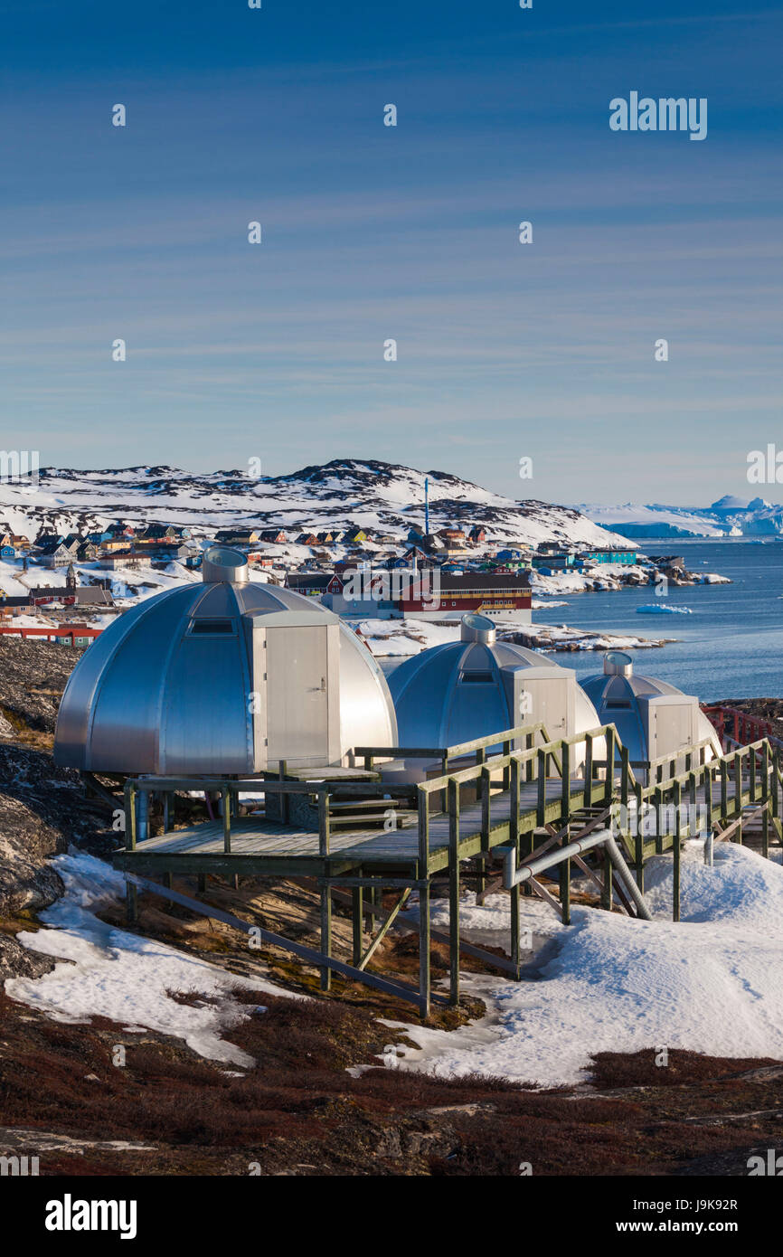 Greenland, Disko Bay, Ilulissat, waterfront igloo houses Stock Photo ...
