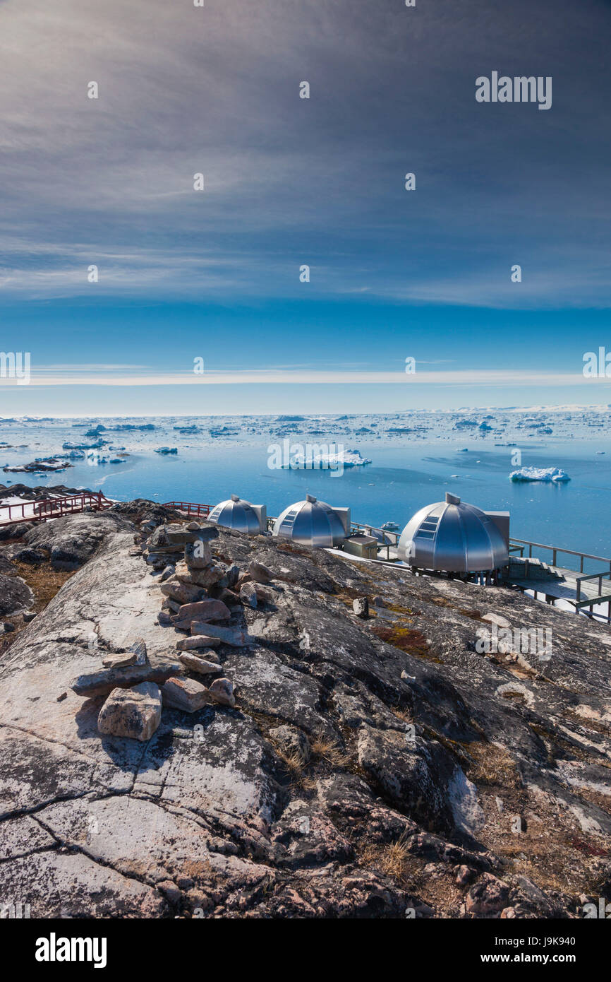 Greenland, Disko Bay, Ilulissat, waterfront igloo houses Stock Photo ...