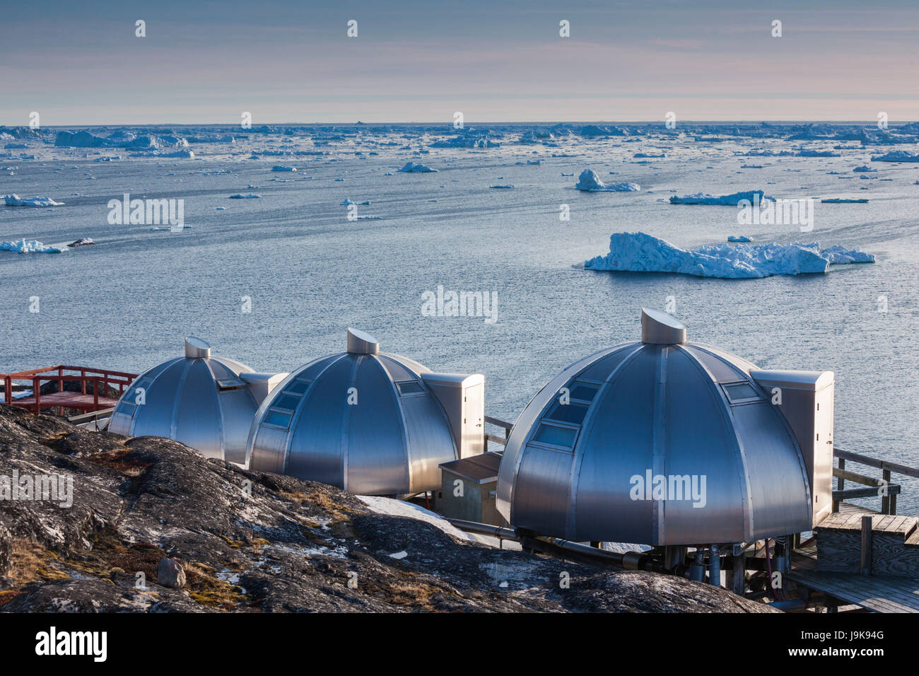 Greenland, Disko Bay, Ilulissat, waterfront igloo houses Stock Photo ...
