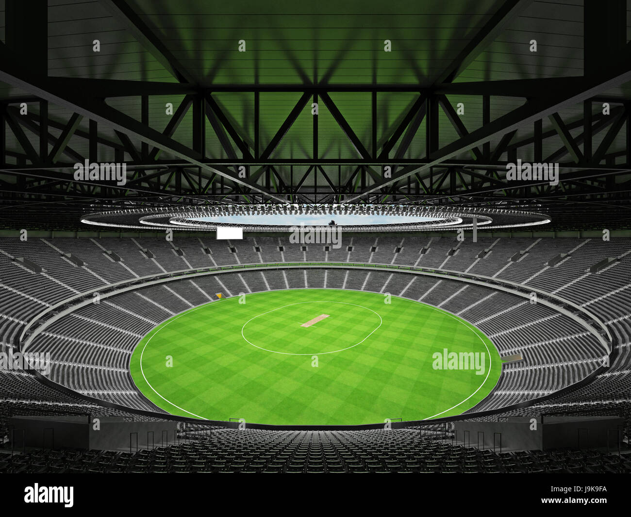 3D render of a beautiful modern round cricket stadium with black seats ...