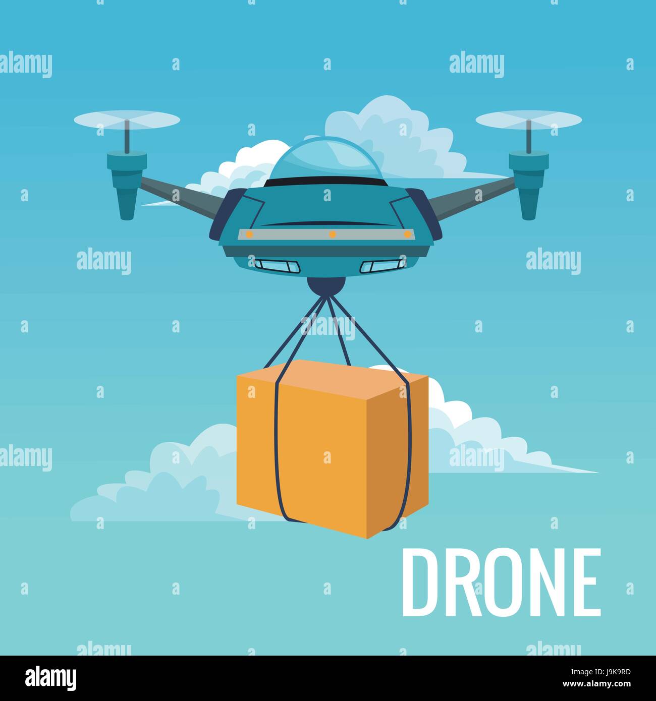 sky landscape background robot drone carrying box with pair of airscrew ...
