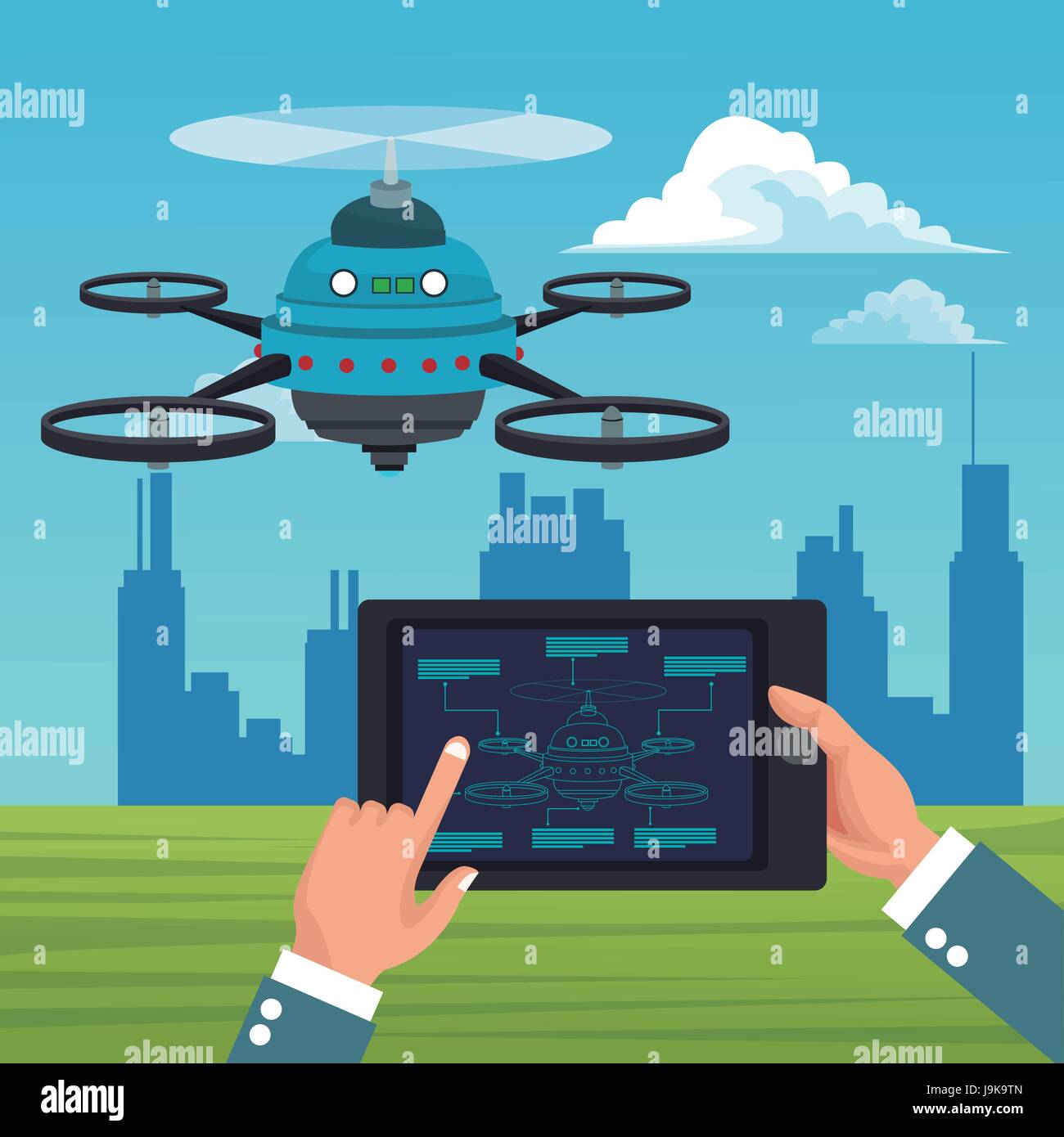 sky landscape with buildings scene and people handle remote control in ...