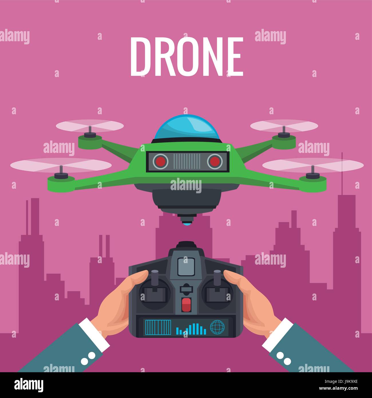 pink scene city landscape and people handle remote control with green ...