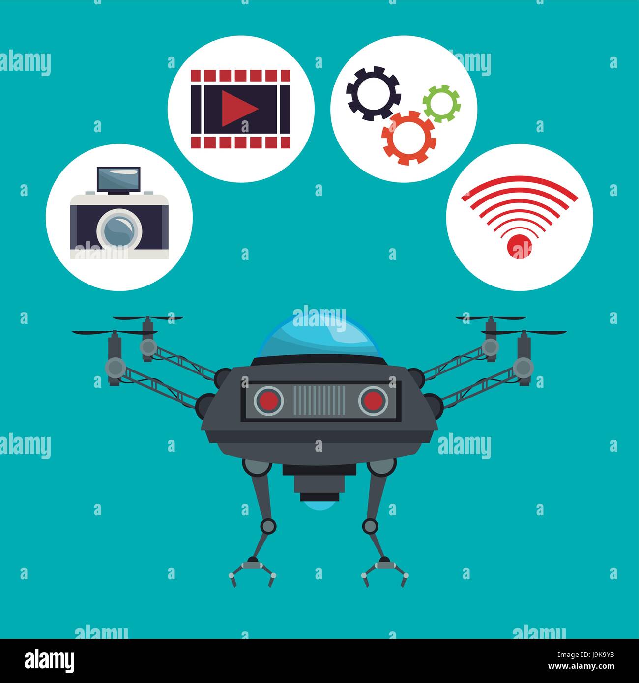 color background drone with metal arms and icons set tech robot Stock ...