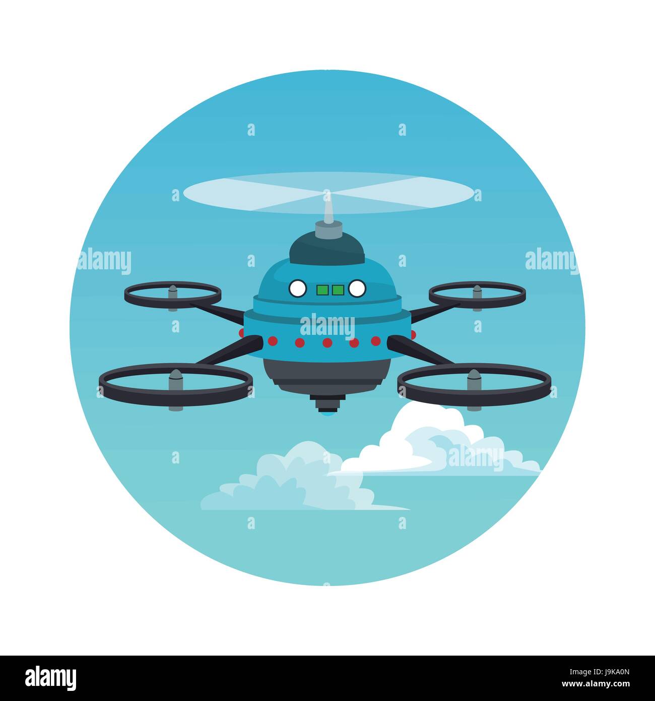 circular frame with sky landscape scene and blue robot drone with five ...