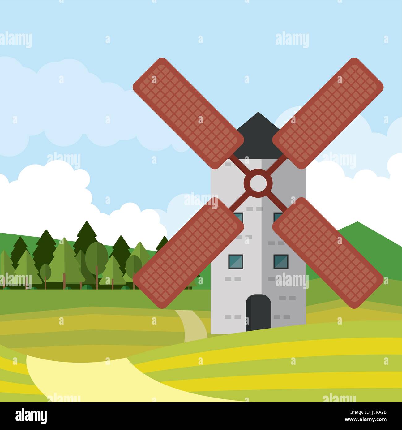 colorful background of natural landscape with tower windmill Stock ...