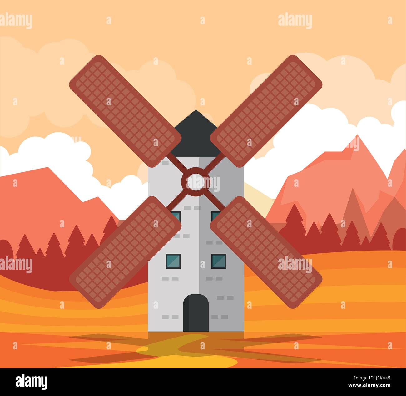 colorful background of sunset natural landscape with tower windmill ...
