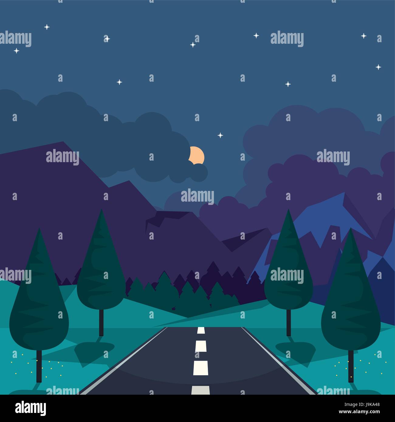 colorful background of natural landscape with highway on night Stock ...