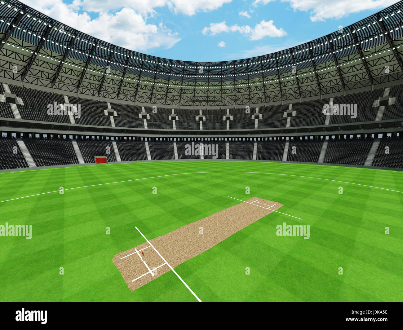 3D render of a beautiful modern round cricket stadium with black seats ...