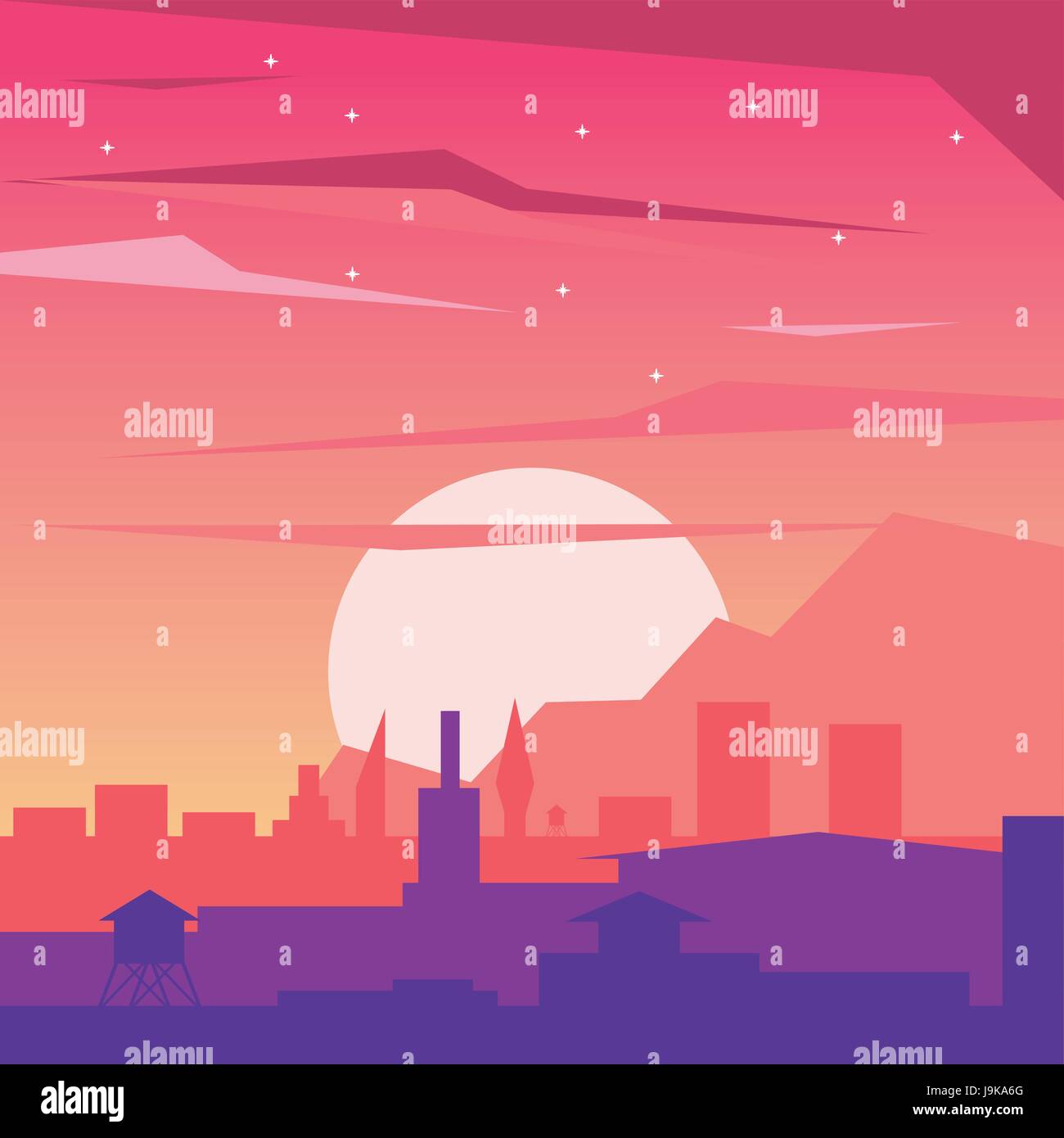 colorful background of dawn landscape of city with sun Stock Vector ...