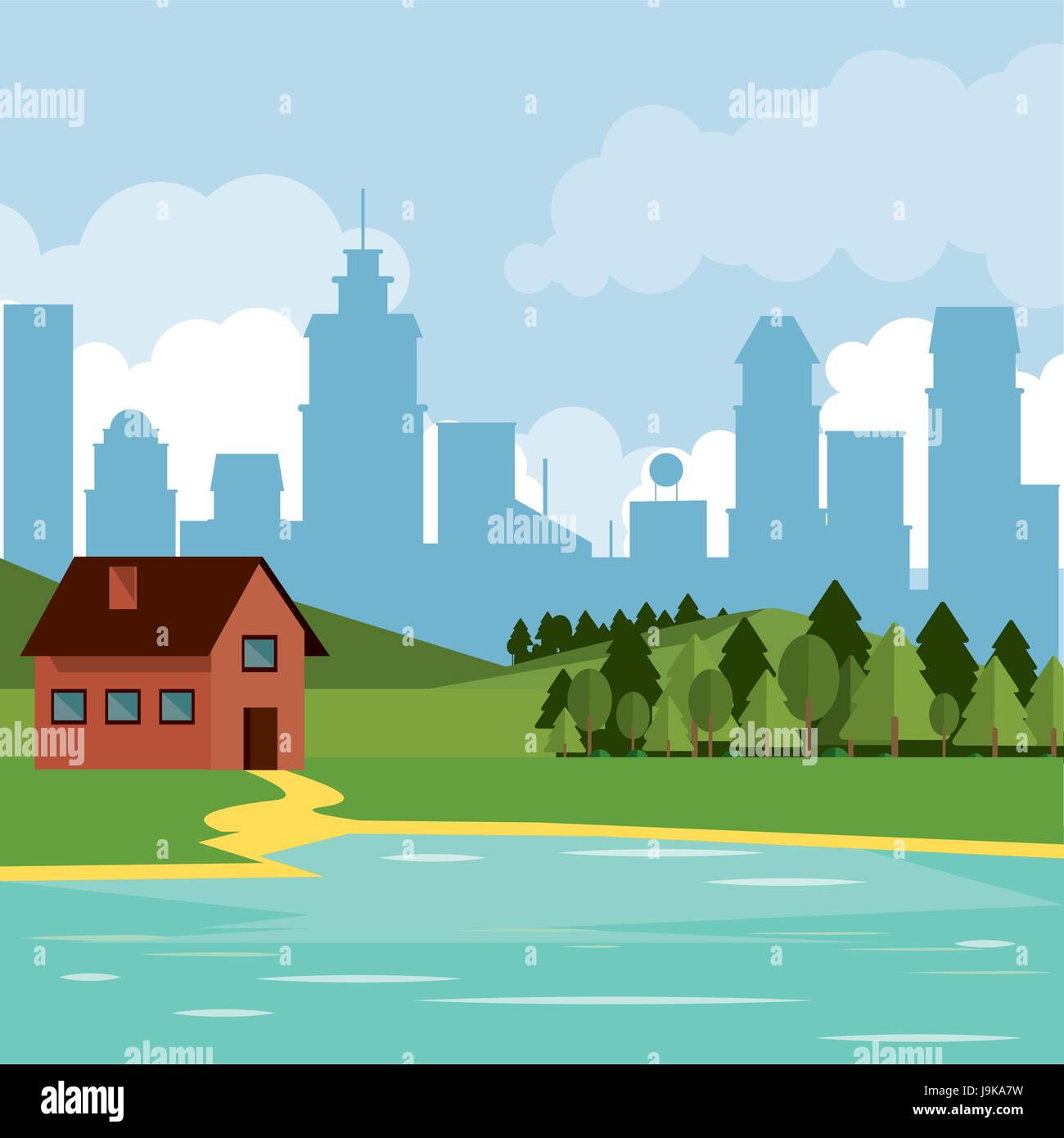 colorful background of natural landscape with country house and ...