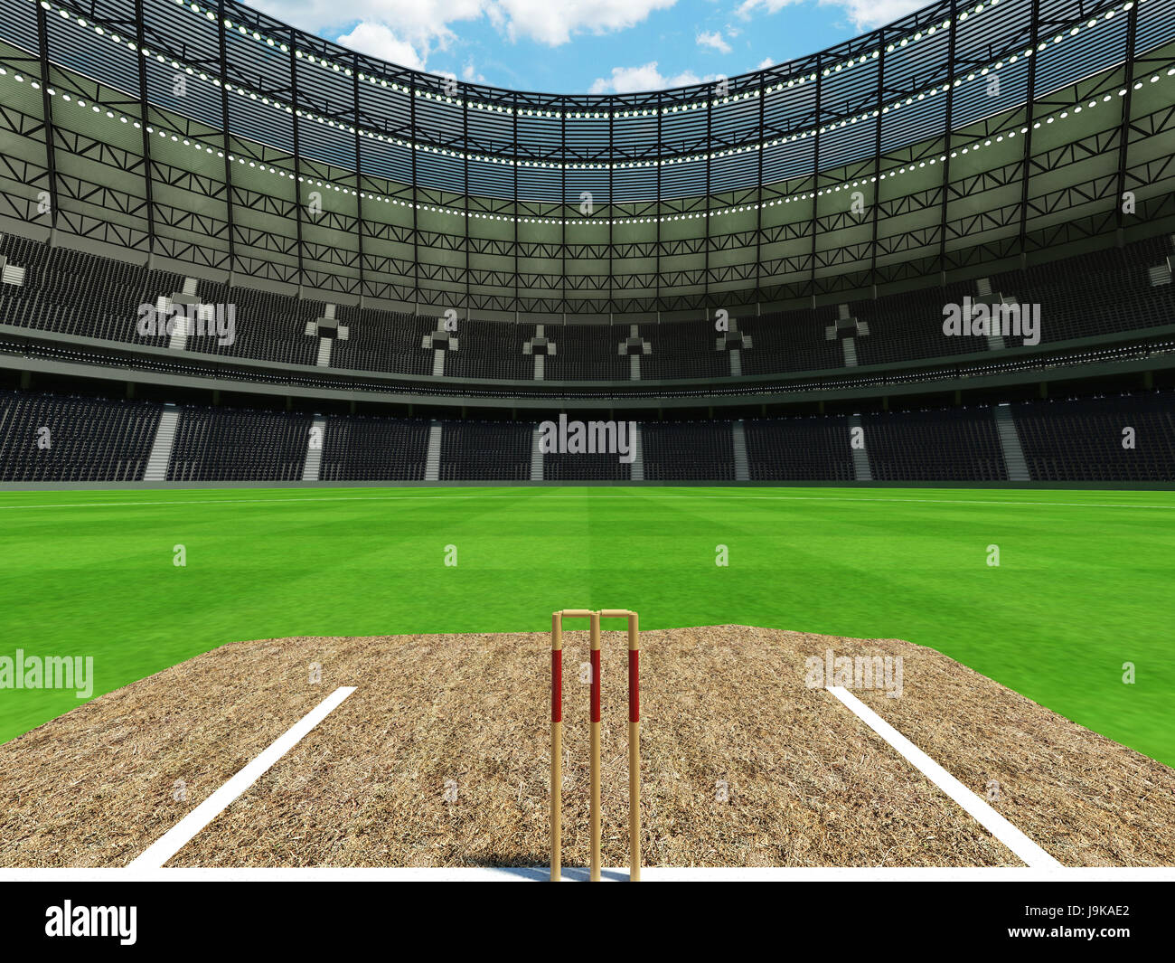 3D render of a beautiful modern round cricket stadium with black seats ...