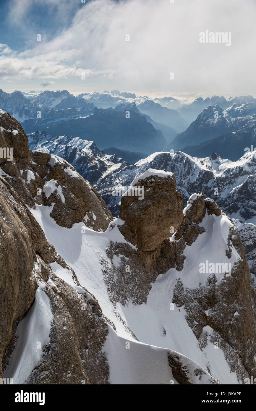 Europe, Italy, Alps, Dolomites, Mountains, View from Punta Rocca ...
