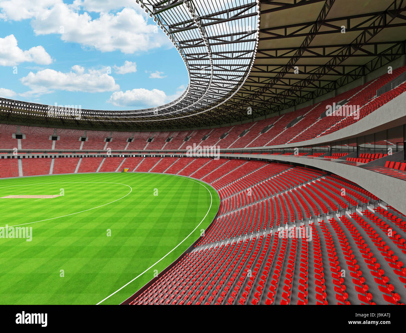 3D render of a beautiful modern round cricket stadium with red seats ...