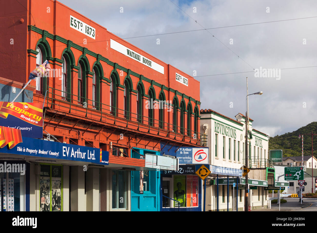 New Zealand, South Island, West Coast, Greymouth, downtown buildings ...