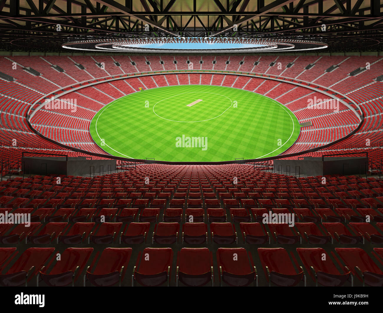 3D render of a beautiful modern round cricket stadium with red seats ...