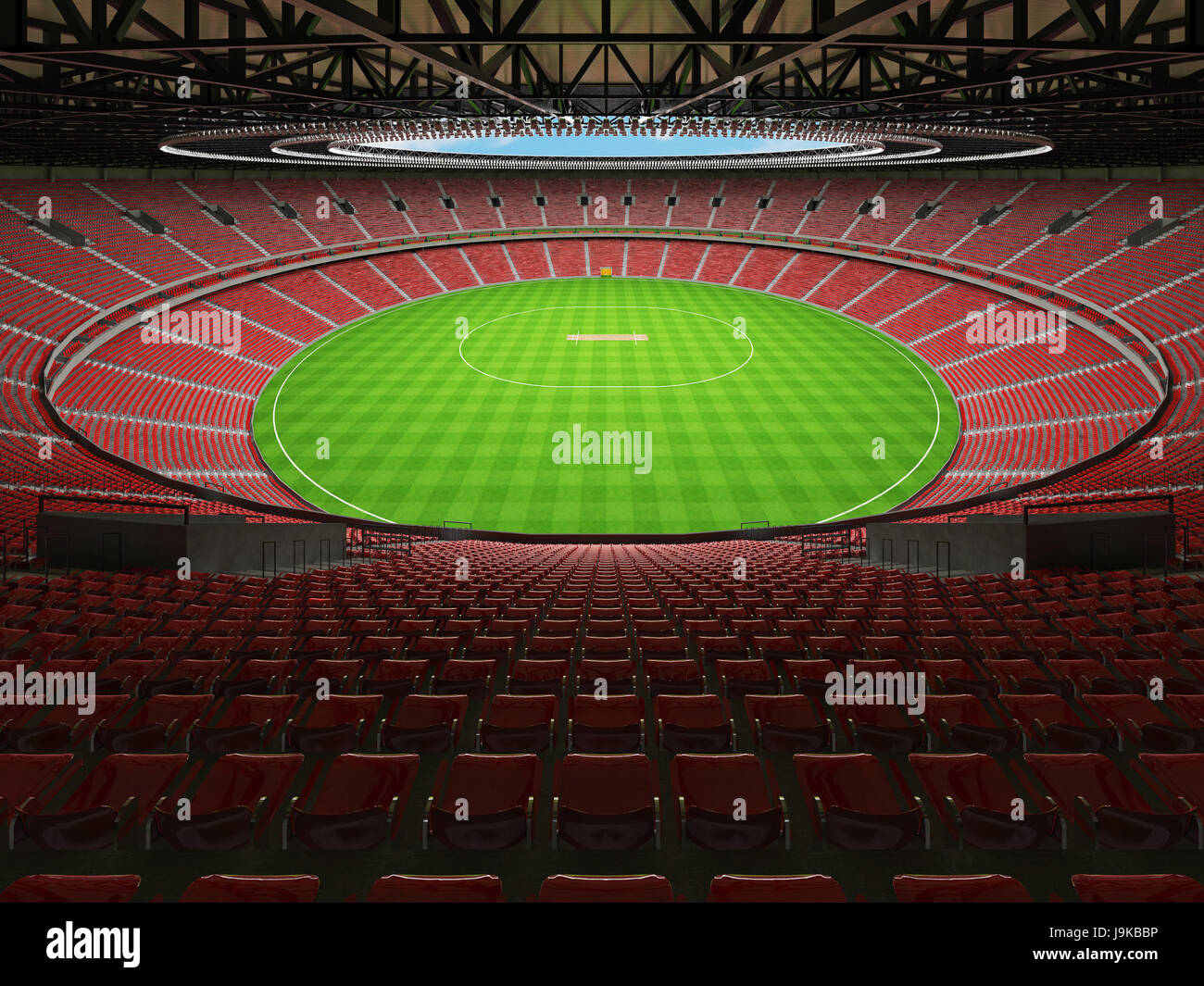 3D render of a beautiful modern round cricket stadium with red seats ...