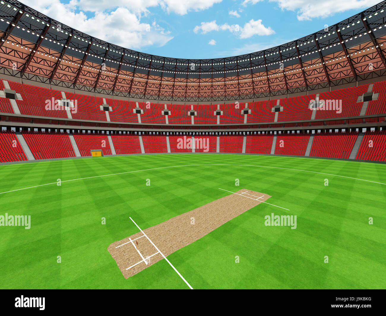 3D render of a beautiful modern round cricket stadium with red seats ...