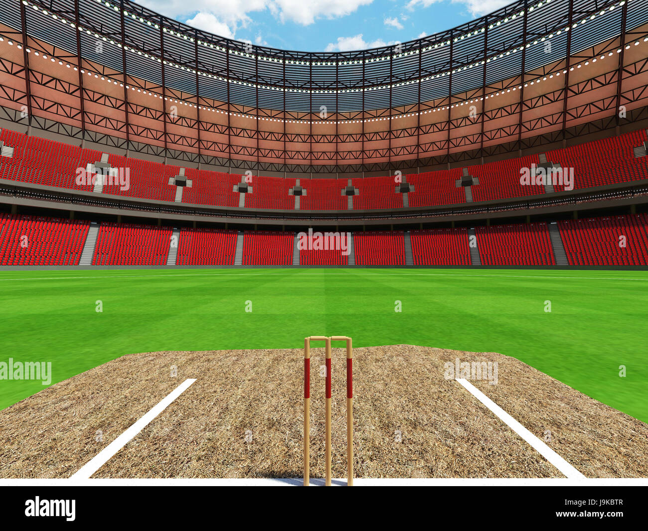 3D render of a beautiful modern round cricket stadium with red seats ...