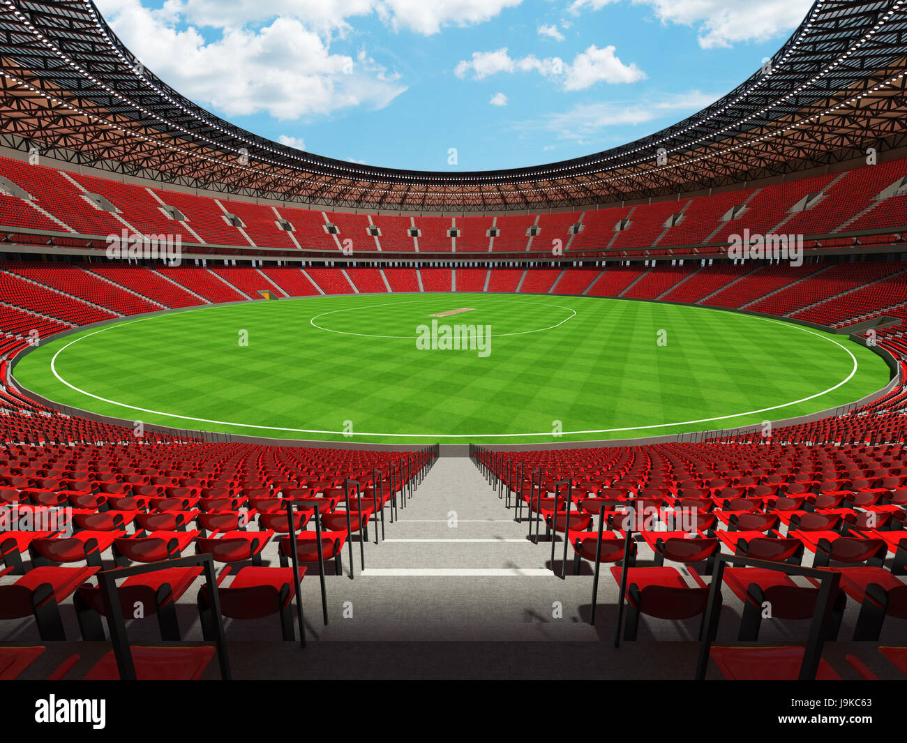 3D render of a beautiful modern round cricket stadium with red seats ...