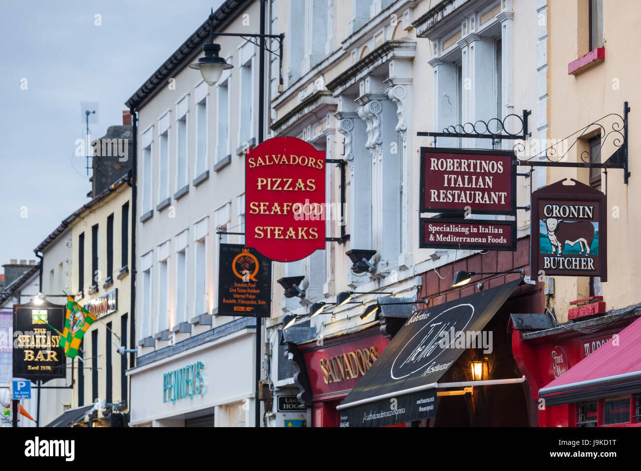 Ireland, County Kerry, Ring of Kerry, Killarney, Main Street signs ...