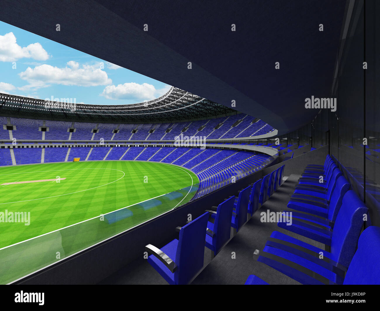 3D render of a beautiful modern round cricket stadium with blue seats ...