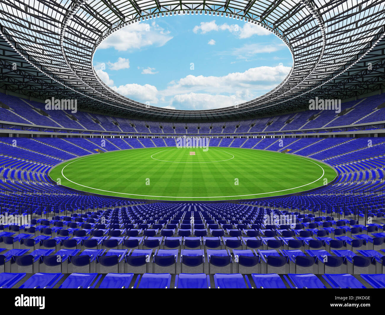 3D render of a beautiful modern round cricket stadium with blue seats ...