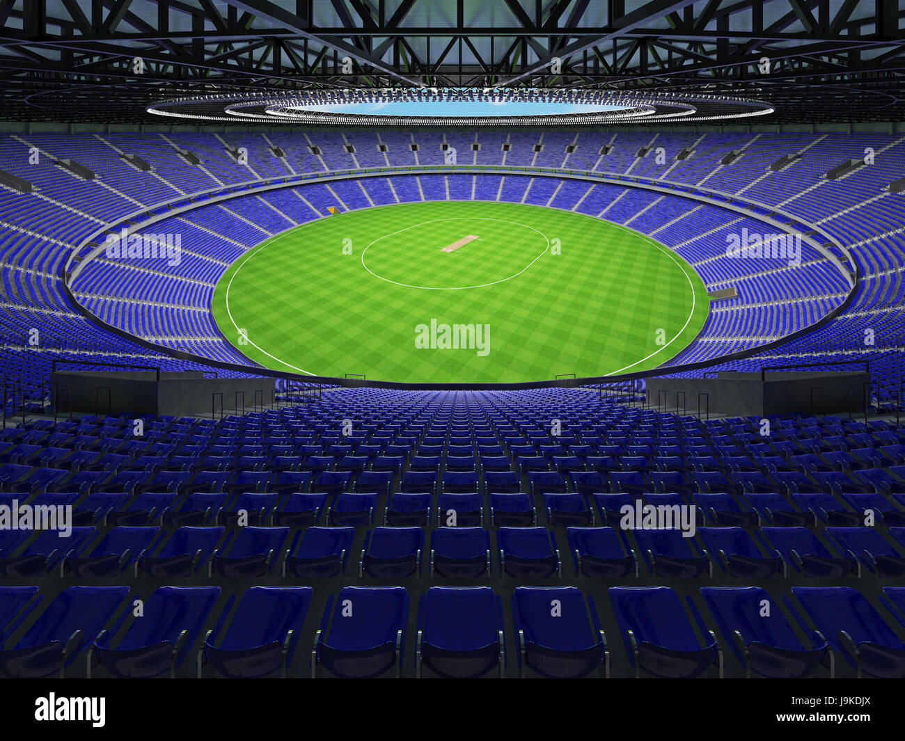 3D render of a beautiful modern round cricket stadium with blue seats ...