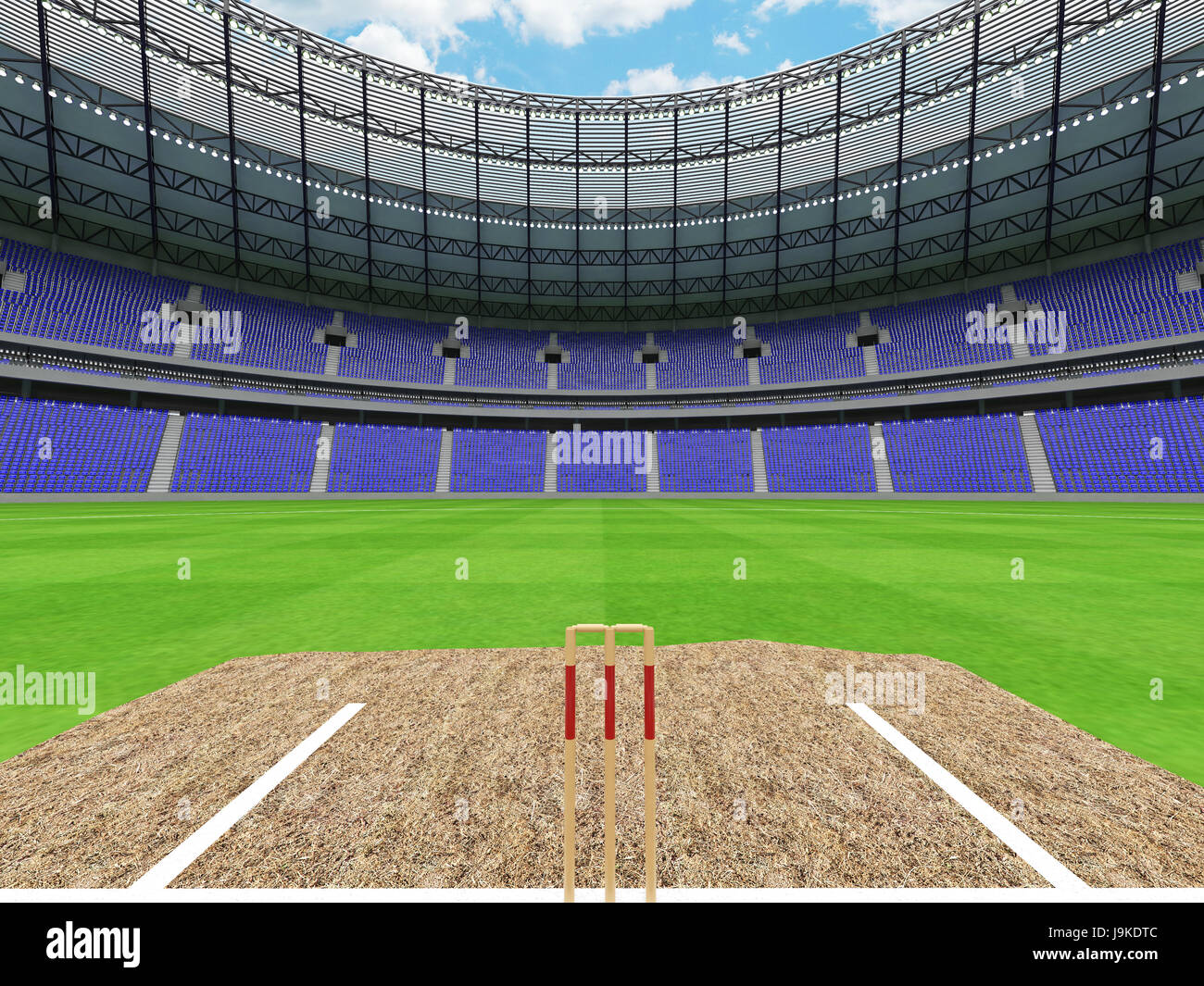 3D render of a beautiful modern round cricket stadium with blue seats ...