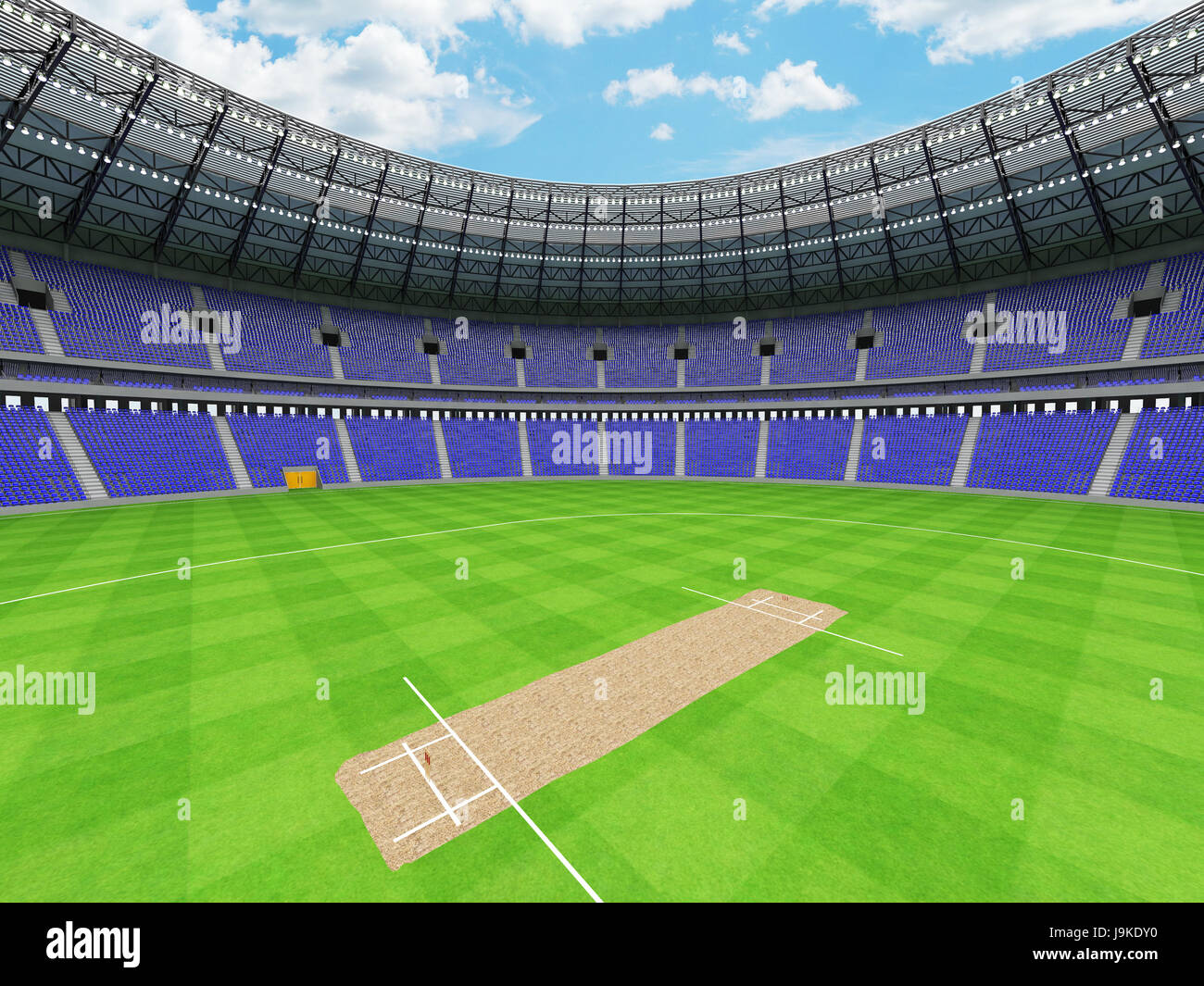 3D render of a beautiful modern round cricket stadium with blue seats ...