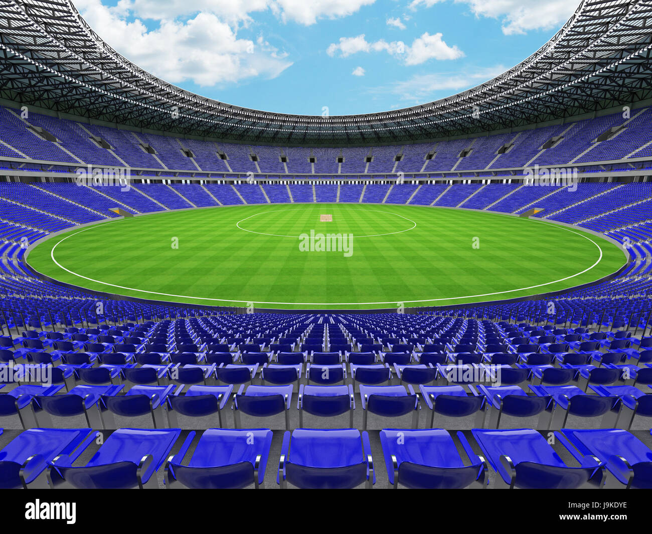 3D render of a beautiful modern round cricket stadium with blue seats ...