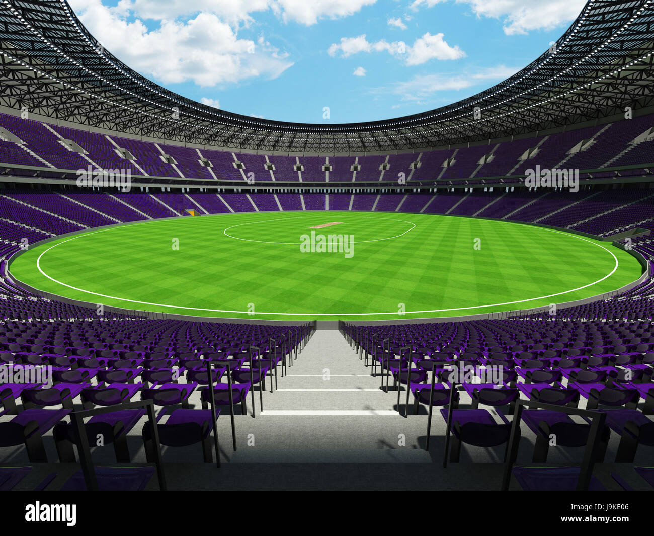 3D render of a beautiful modern round cricket stadium with purple seats ...