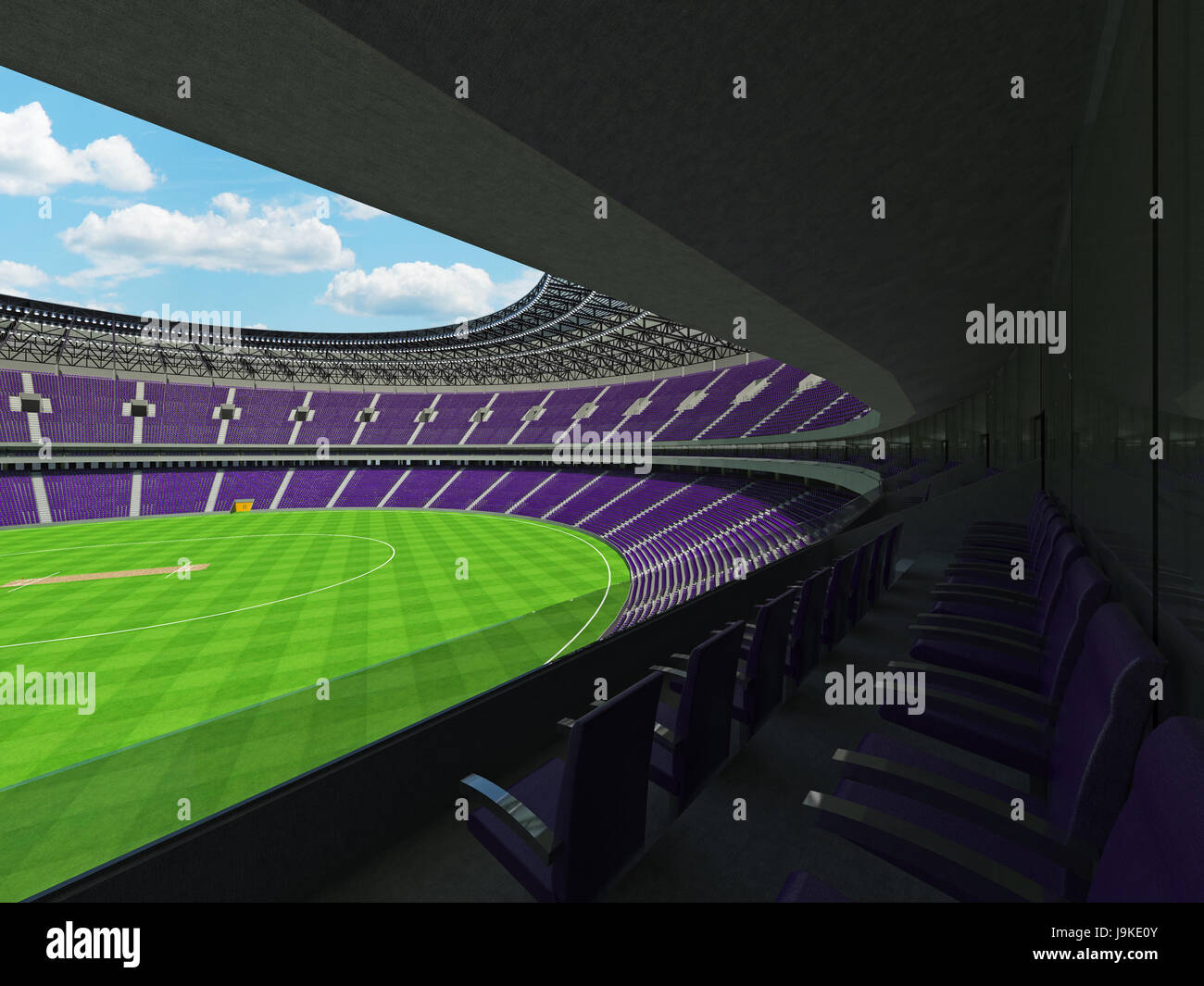 3D render of a beautiful modern round cricket stadium with purple seats ...