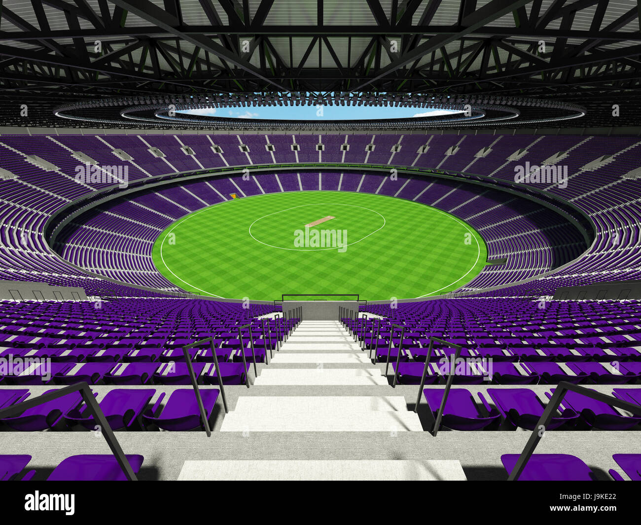 3D render of a beautiful modern round cricket stadium with purple seats ...