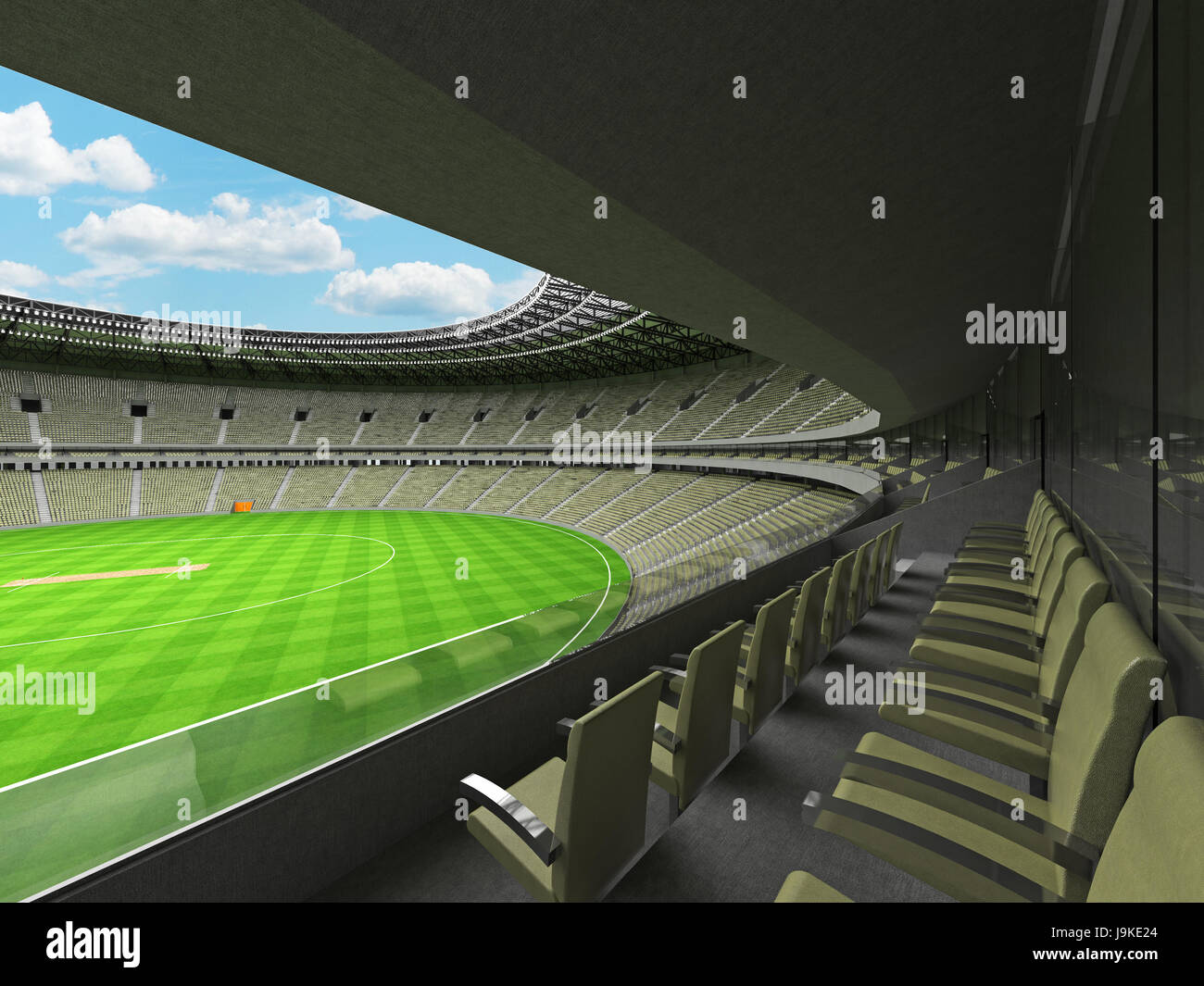 3D render of a beautiful modern round cricket stadium with olive gray ...