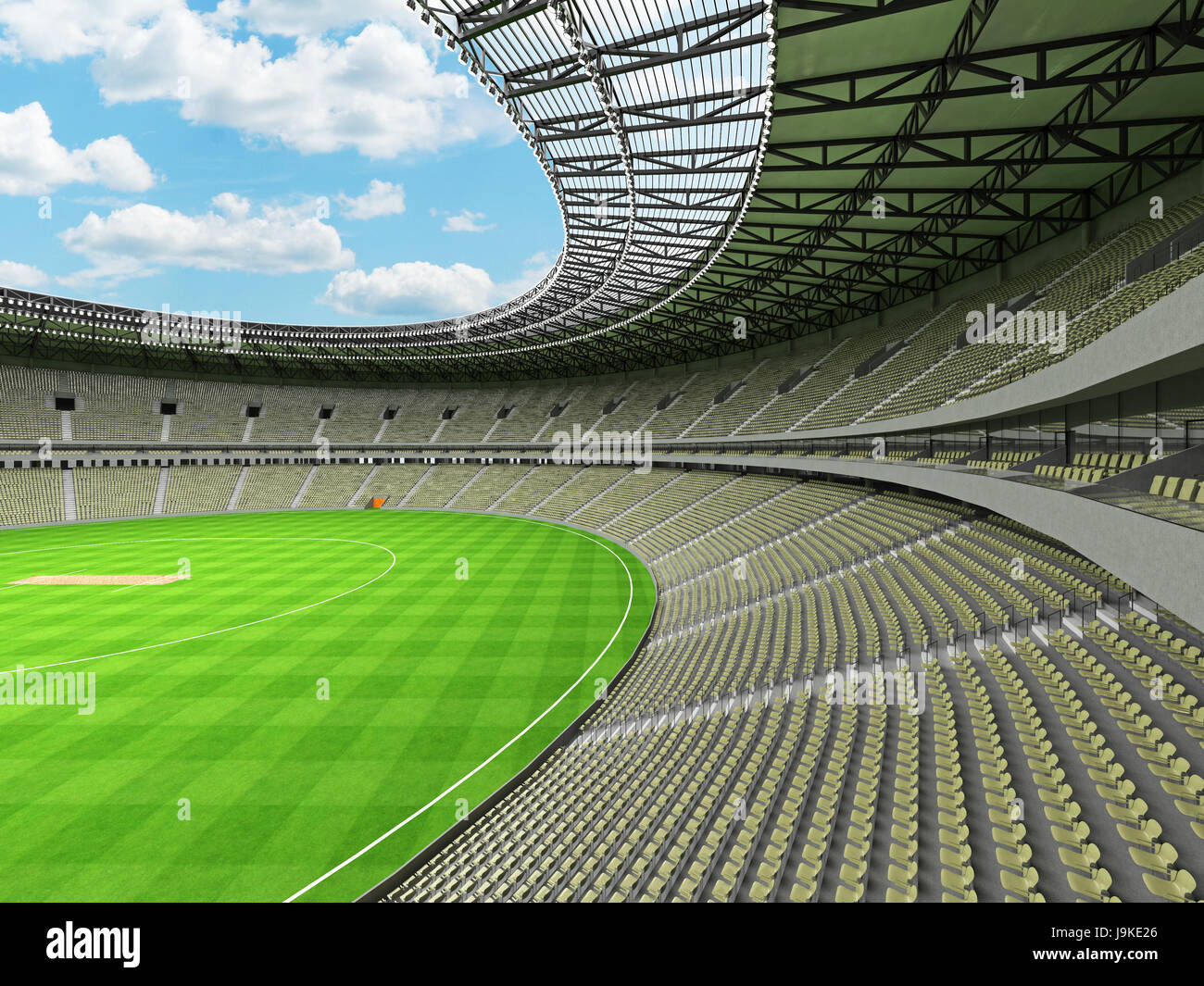 3D render of a beautiful modern round cricket stadium with olive gray ...