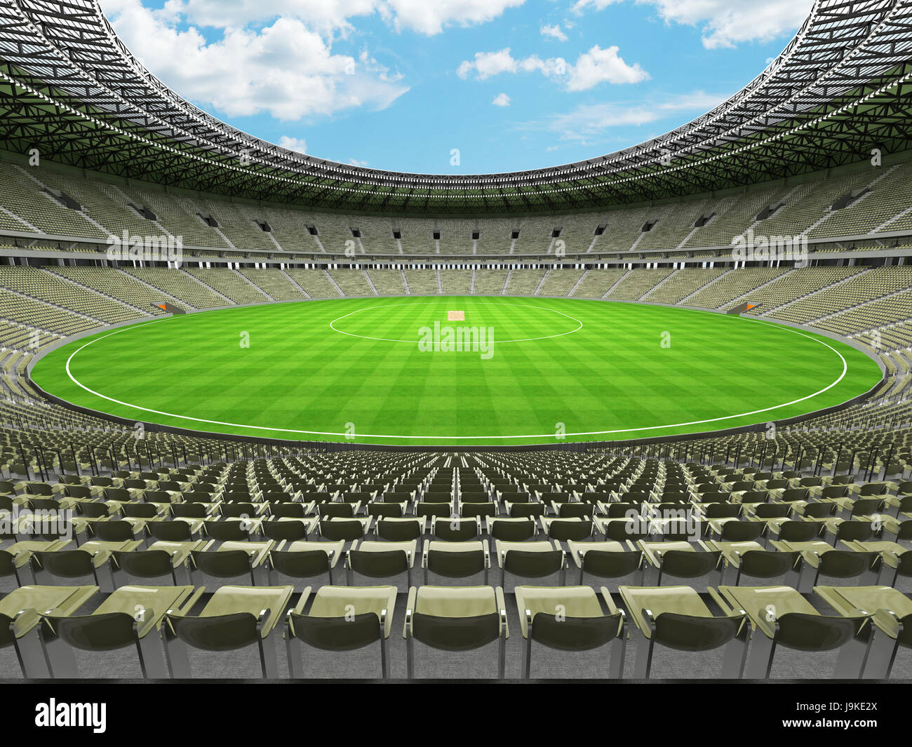 3D render of a beautiful modern round cricket stadium with olive gray ...