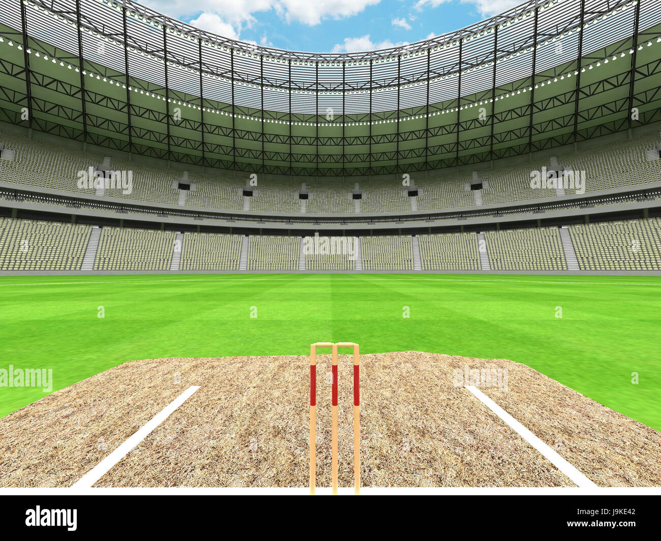 3D render of a beautiful modern round cricket stadium with olive gray ...