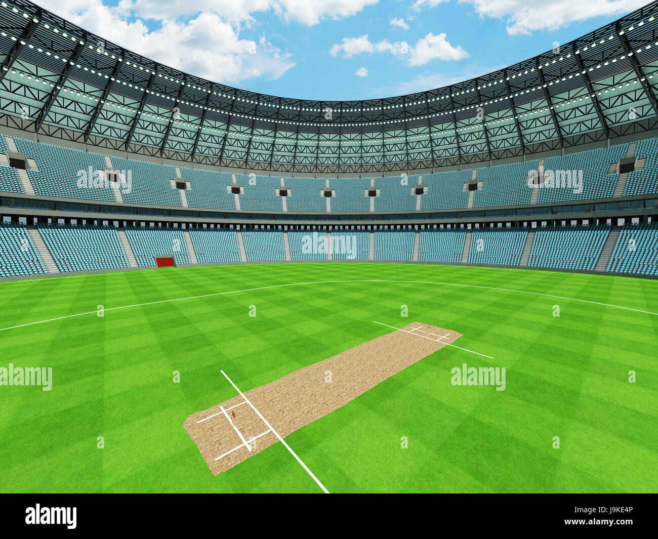 3D render of a beautiful modern round cricket stadium with sky blue ...