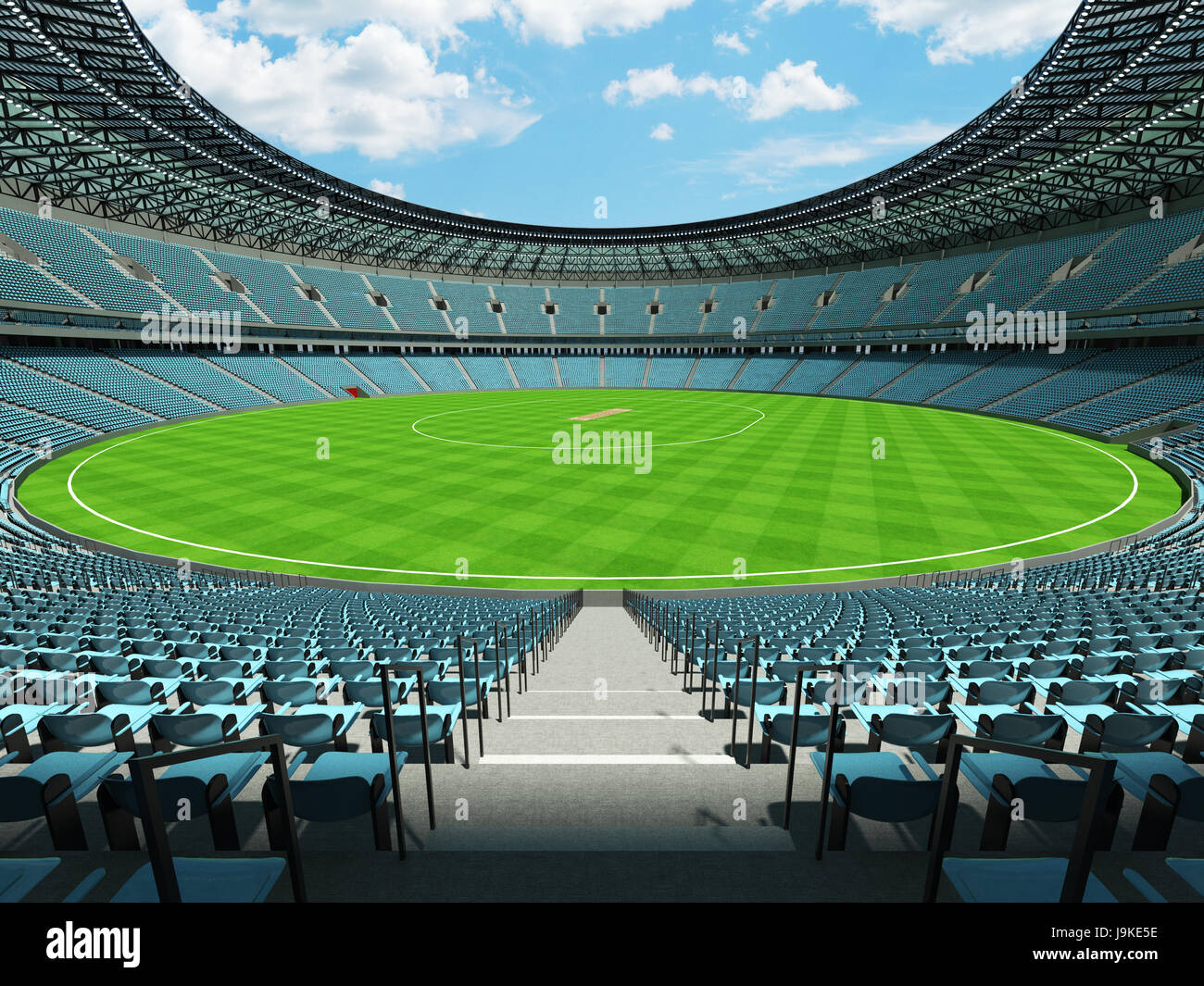 3D render of a beautiful modern round cricket stadium with sky blue ...
