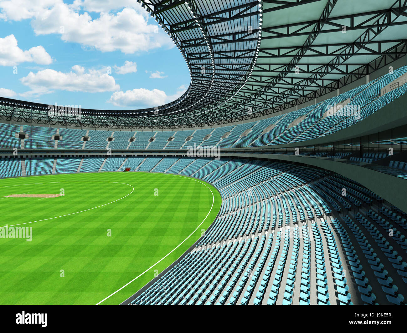 3D render of a beautiful modern round cricket stadium with sky blue ...