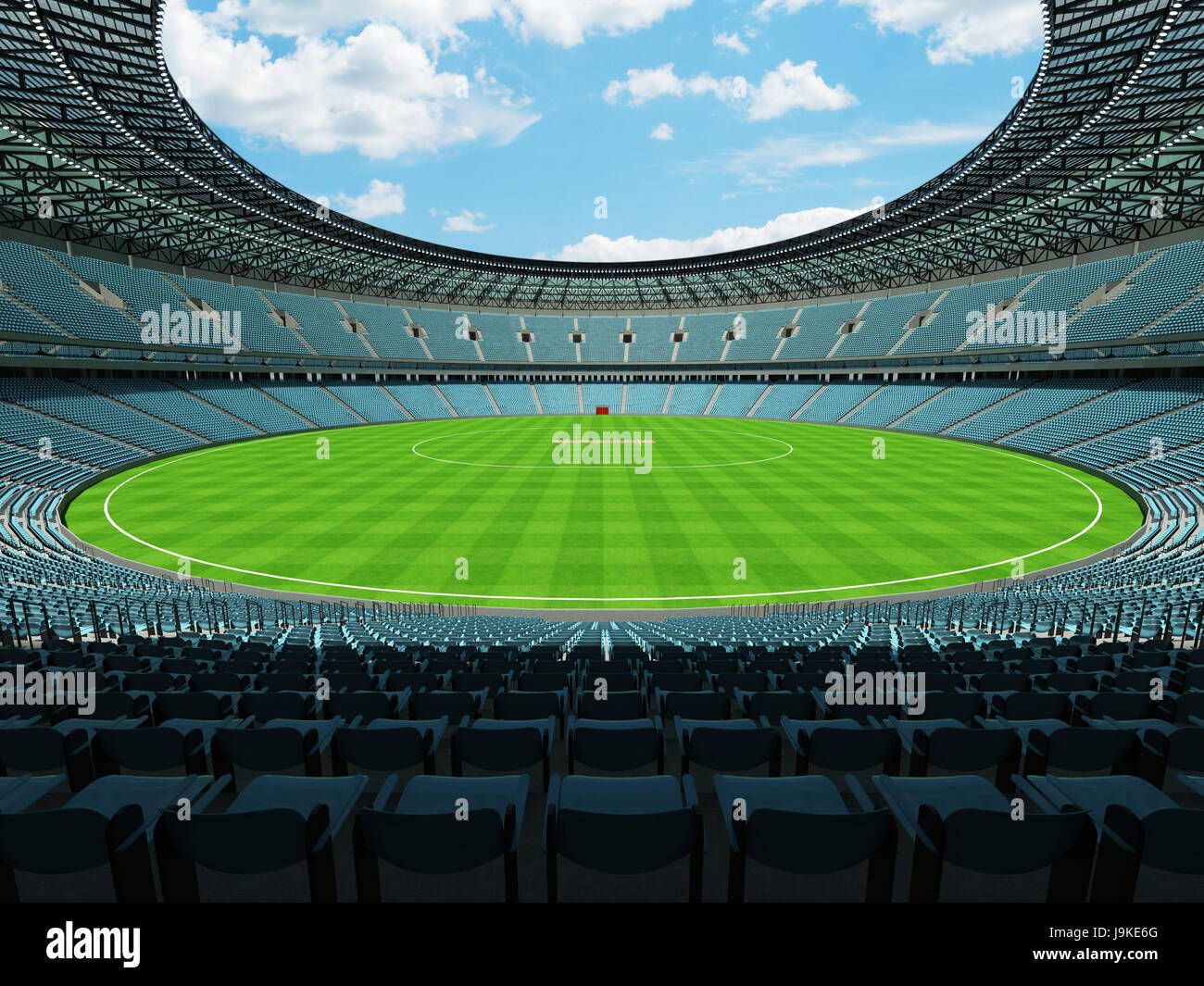 3D render of a beautiful modern round cricket stadium with sky blue ...