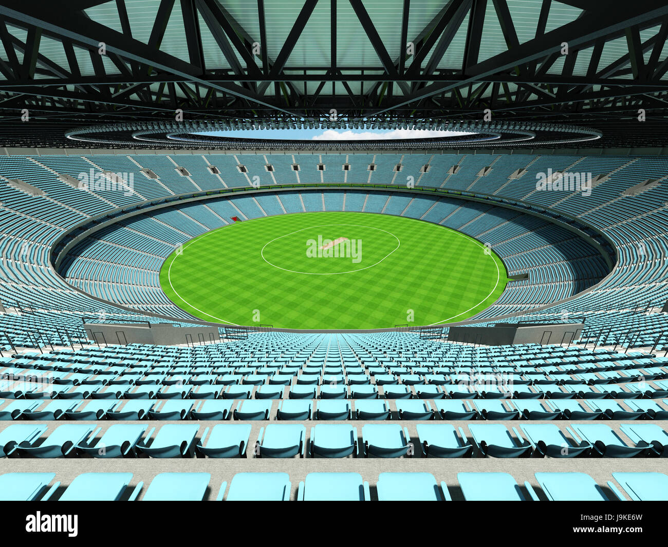 3D render of a beautiful modern round cricket stadium with sky blue ...
