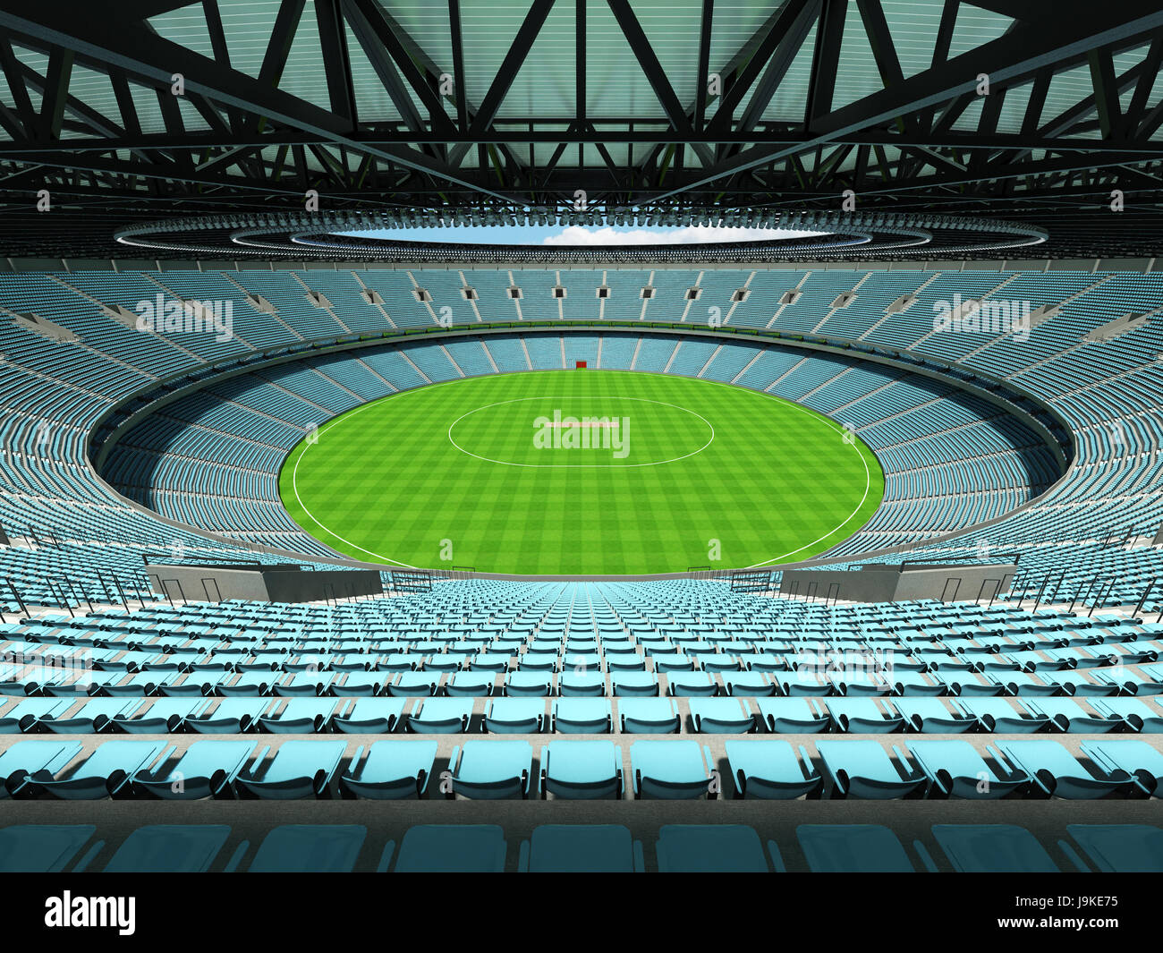 3D render of a beautiful modern round cricket stadium with sky blue ...