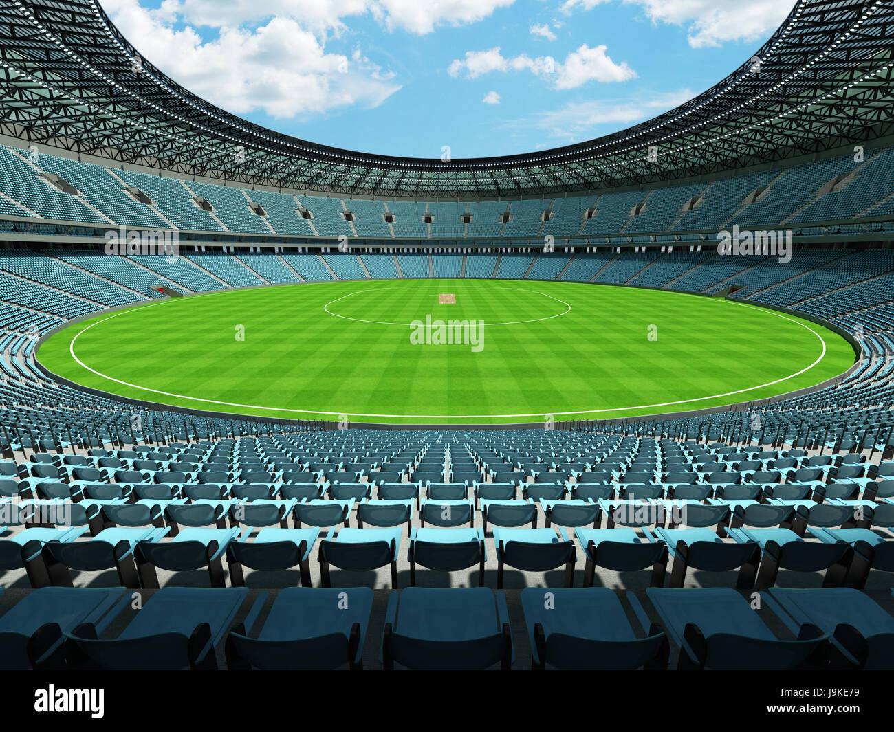 3D render of a beautiful modern round cricket stadium with sky blue ...