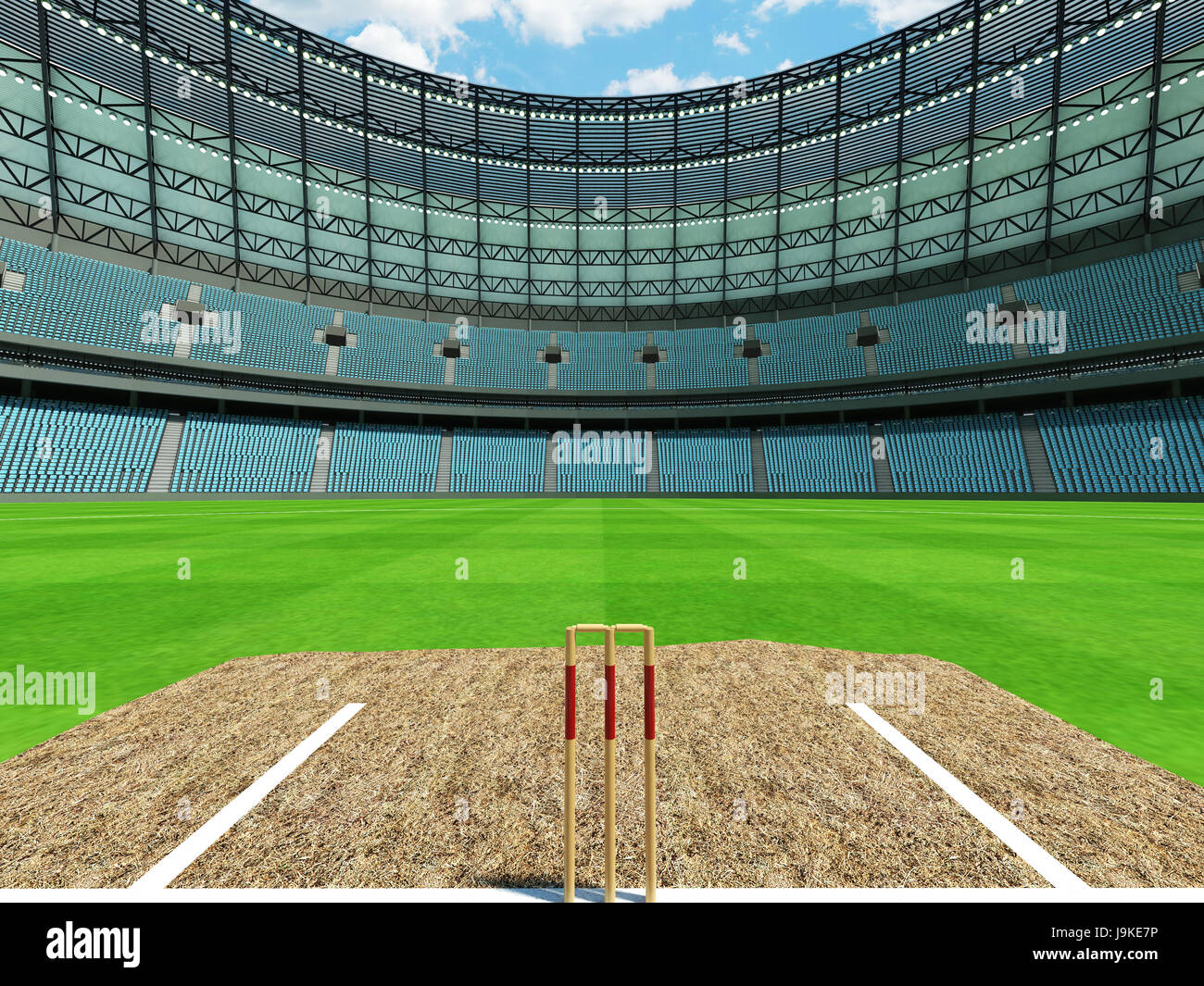 3D render of a beautiful modern round cricket stadium with sky blue ...