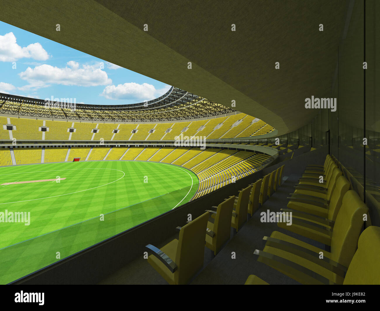 3D render of a beautiful modern round cricket stadium with bright ...