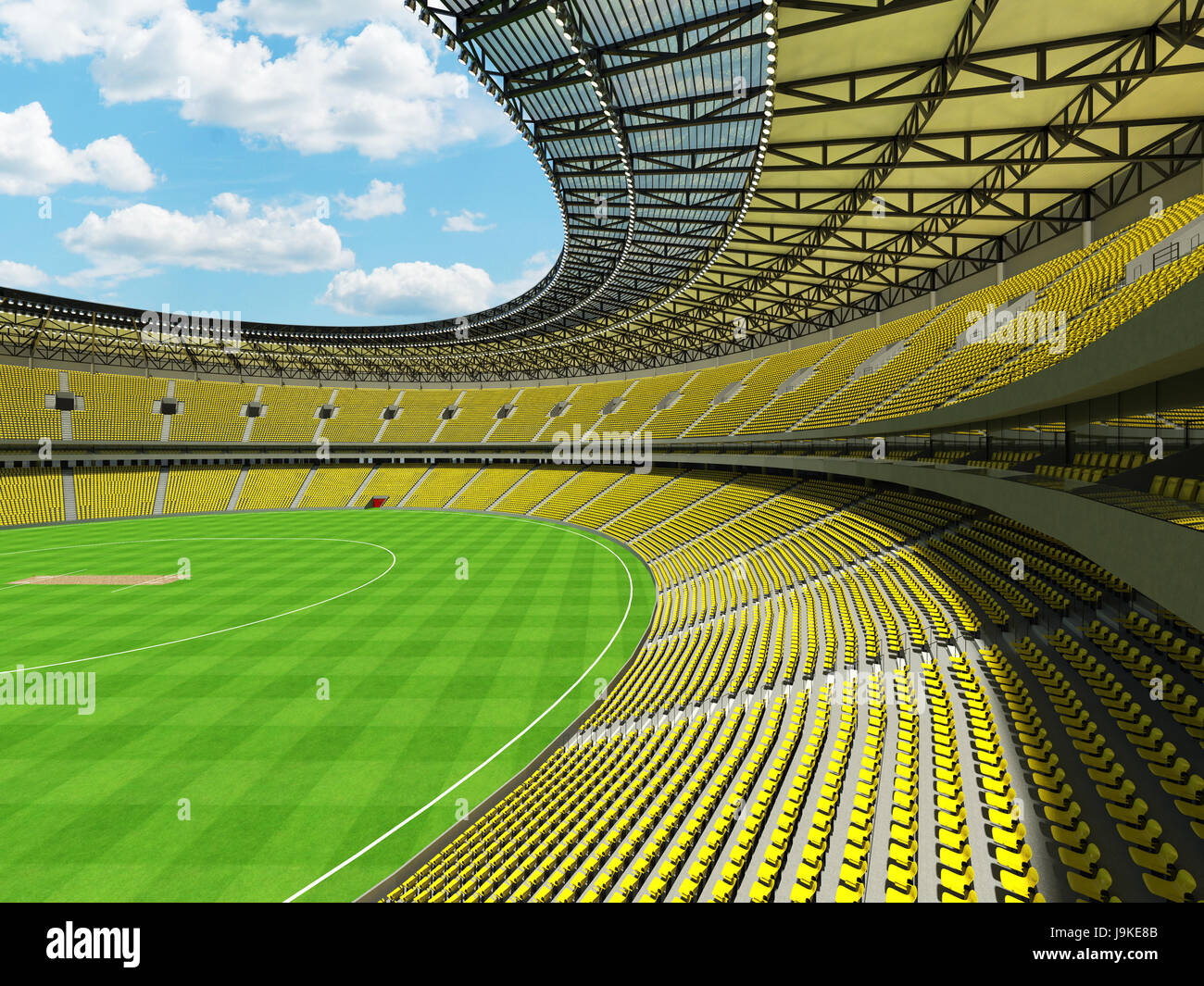 3D render of a beautiful modern round cricket stadium with bright ...